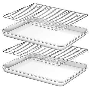 Deedro Baking Sheet with Rack Set [2 Sheets + 2 Racks], Stainless Steel Cookie Half Sheets Baking Pan Oven Tray with Cooling Rack, 12 x 10 x 1 Inch, Heavy Duty, Non-toxic, Easy Clean