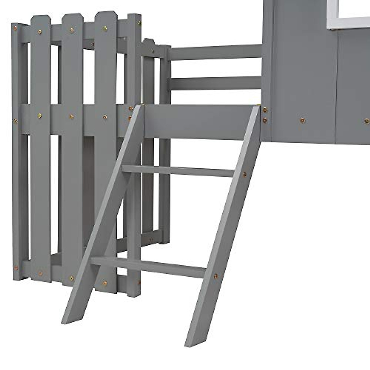 Twin Loft House Bed for Kids, Wooden Loft Beds with Rustic Fence-Shaped Guardrail/Ladder/Window/Roof for Teens Boys & Girls Bedroom (Gray-Loft House Bed)
