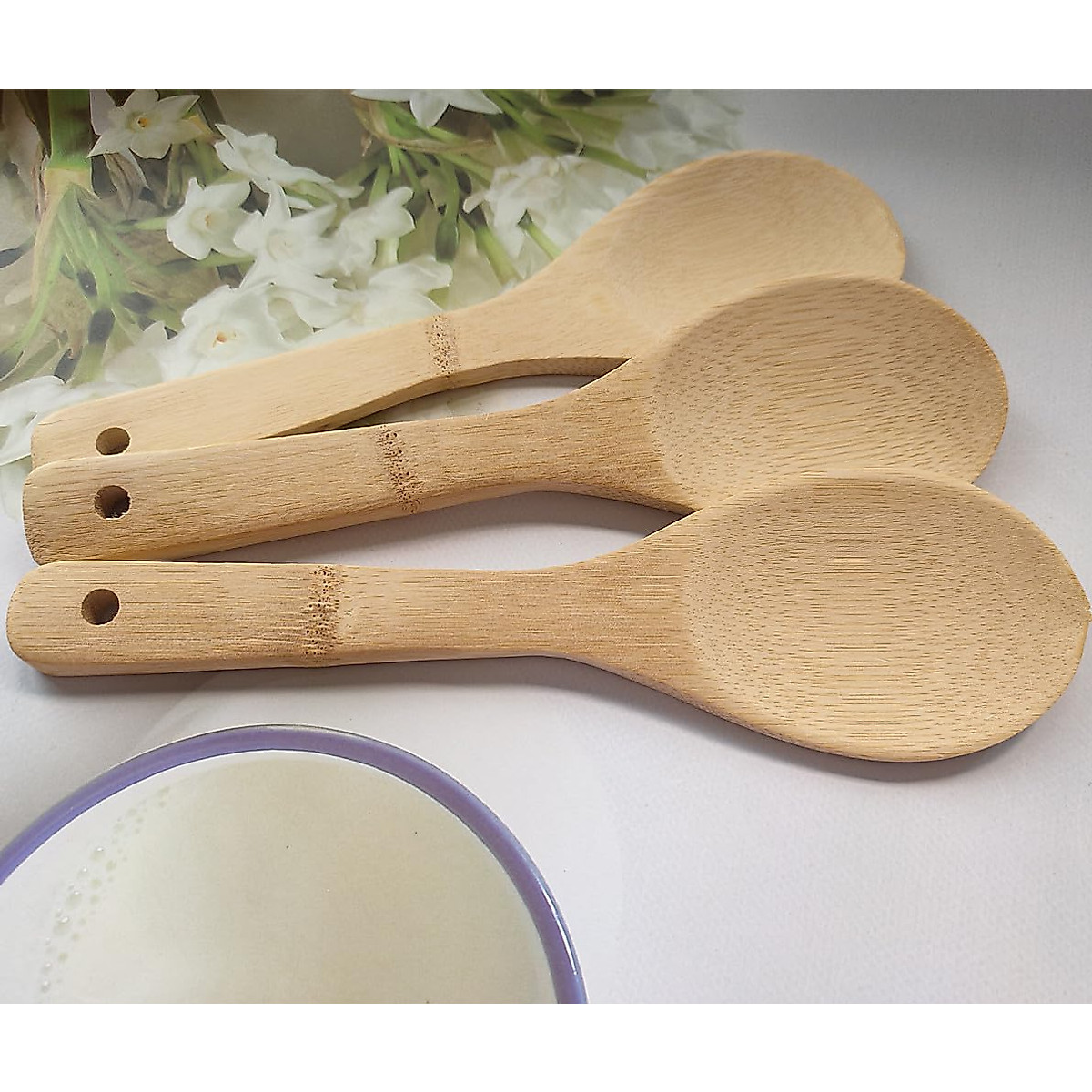 9 Inch Bamboo Rice Scoops Paddles, Wooden Non-stick Rice Spatula, Large Wood Serving Salad Spoons Scooper for Cooking, Stirring Soup, Sushi Kitchen Utensil Set (3 Pack)