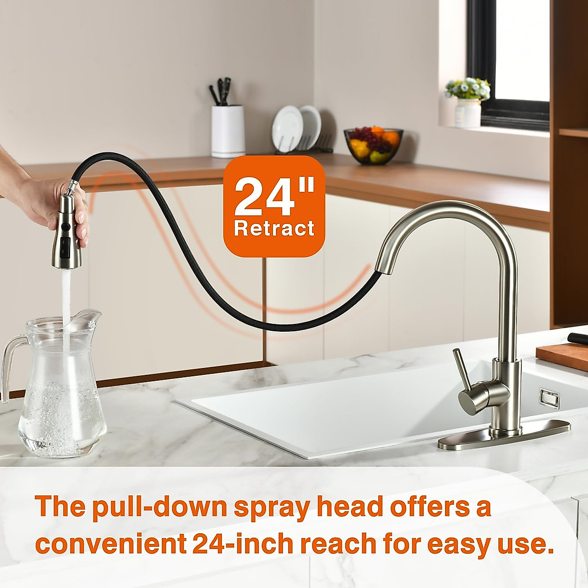 RULIA Kitchen Faucet, Kitchen Sink Faucet, Sink Faucet, Pull-Down Kitchen Faucets, Free Water Filter Included, Brushed Nickel, Stainless Steel, PB1020