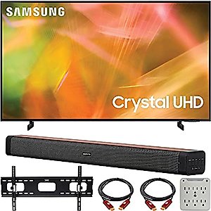 SAMSUNG UN43AU8000 43 Inch 4K Crystal UHD Smart LED TV Bundle with Deco Home 60W 2.0 Channel Soundbar, 37-70 inch TV Wall Mount Bracket Bundle and 6-Outlet Surge Adapter