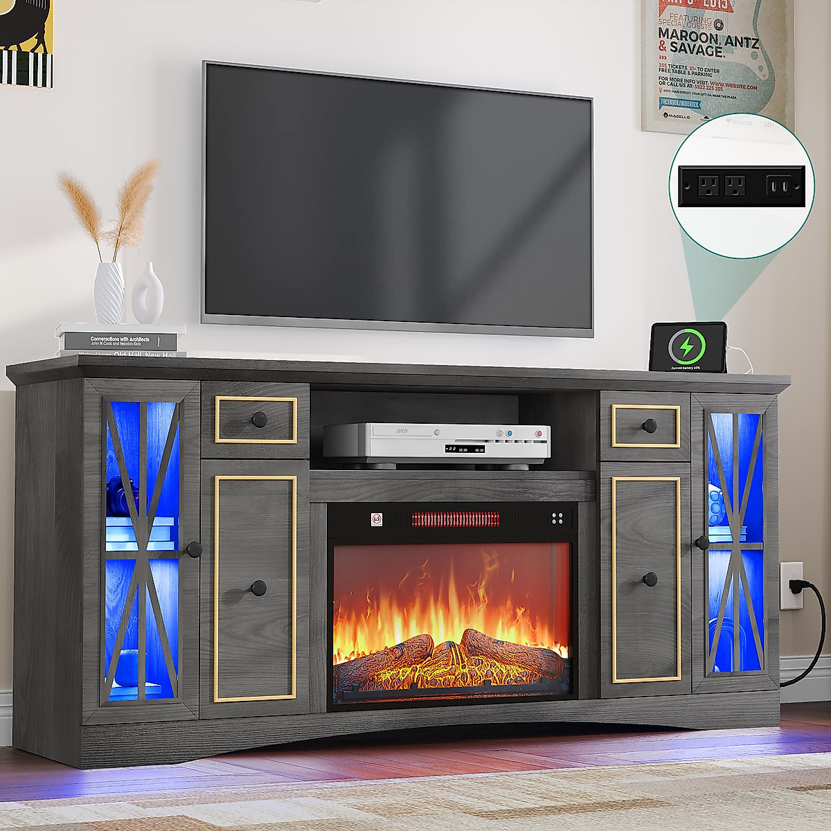 YITAHOME 70 Inch Entertainment Center with Electric Fireplace for TVs up to 80", LED Lights Fireplace TV Stand with Storage for Living Room, Farmhouse TV Stands with Storage Drawers (Dark Grey)