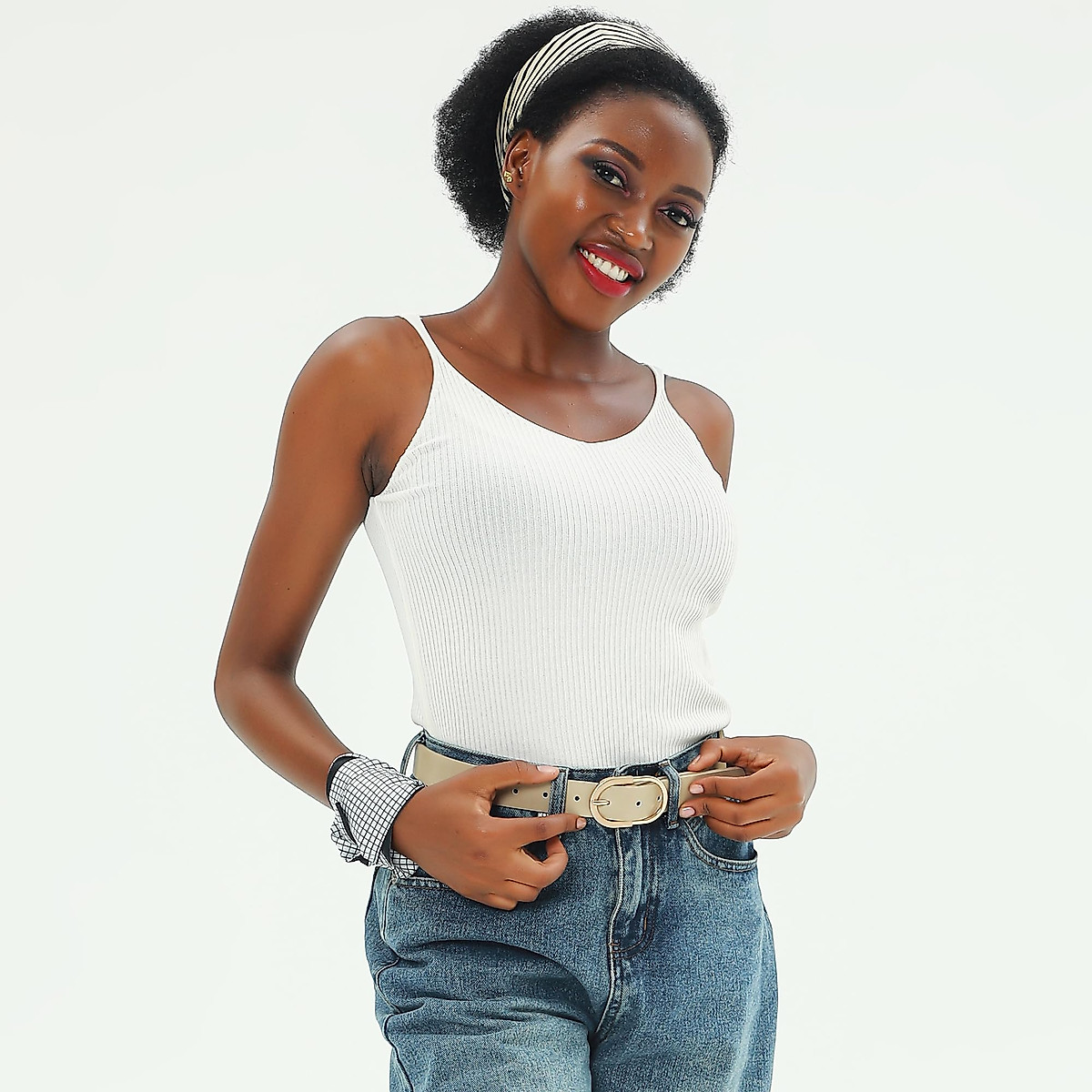 Tanpie Womens Leather Waist Belts for Jeans Pants with Gold Buckle Beige Small