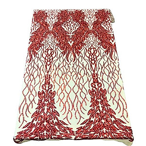 Fashion Fabrics LLC Red Lioness Stretch Sequins Couture Prom Dress Lace Fabric - Sold by The Yard