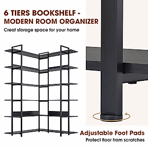 ASTRAEUS Bookshelf 6 Tiers Corner Bookcase L Shaped Shelf,Black