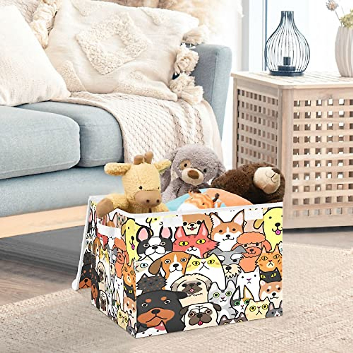 Kigai Storage Basket Cute Dog Storage Boxes with Lids and Handle, Large Storage Cube Bin Collapsible for Shelves Closet Bedroom Living Room, 16.5x12.6x11.8 In