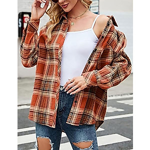 Zontroldy Womens Lightweight Flannel Shirt Plaid Buffalo Long Sleeve Button Down Oversized Flannels Shirts Blouse Tops (0199-Orange-M)