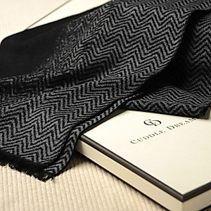 CUDDLE DREAMS Men's Silk Scarves, 100% Mulberry Silk Brushed, Luxuriously Soft (Black Gray Herringbone)
