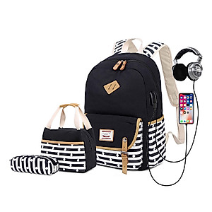 BAGTOP School Canvas Backpack Set - 15" Laptop Backpack with USB Charger Port Travel Daypack Bookbag + Drawstring Backpack + Purse/Clutch Pouch(Black-4)