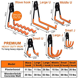 AOBEN Garage Hooks,24Pack Heavy Duty Garage Hanger Organizer Anti-Slip Double Wall Garage Storage Hooks for Ladder, Power Tool,Bike,Ropes (23 Hooks & 1 hoder Strap)-Orange