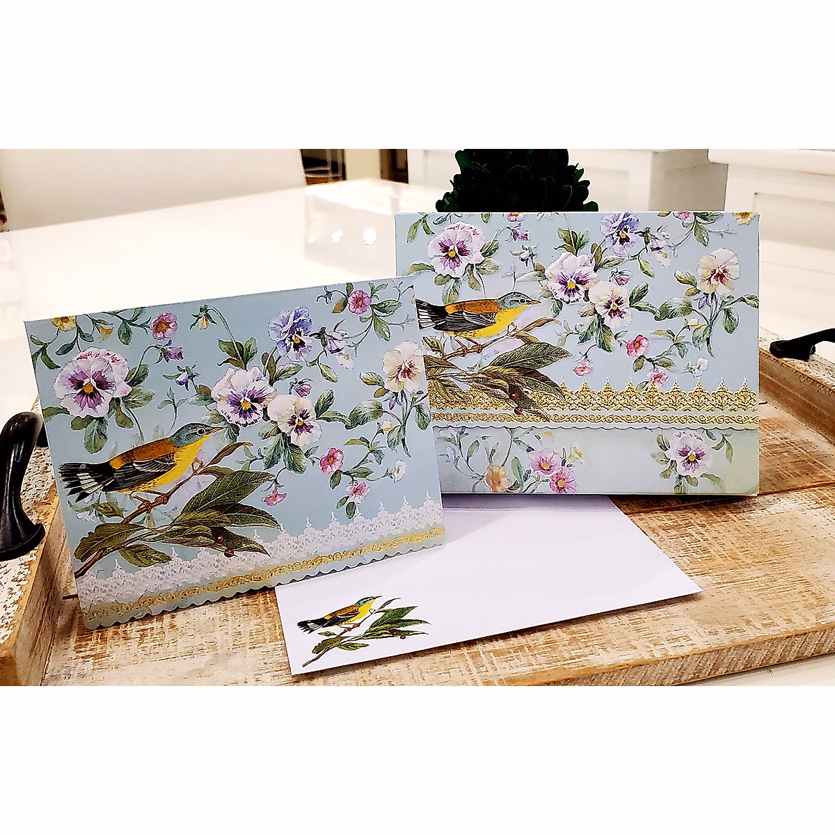 Carol Wilson Fine Arts Inc.- Pansies & Warbler - Embossed & Die Cut Blank Note Cards in Portfolio Box - 10 count - ncp2449