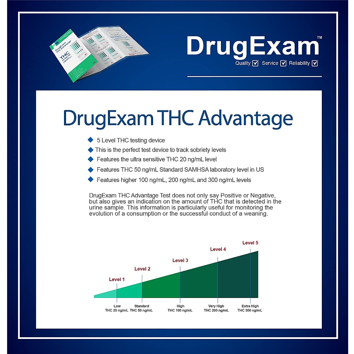2 Pack - DrugExam THC Advantage Made in USA Multi Level Marijuana Home Urine Test Kit. Highly Sensitive THC 5 Level Drug Test Kit. Detects at 20 ng/mL, 50 ng/mL, 100 ng/mL, 200 ng/mL and 300 ng/mL (2)