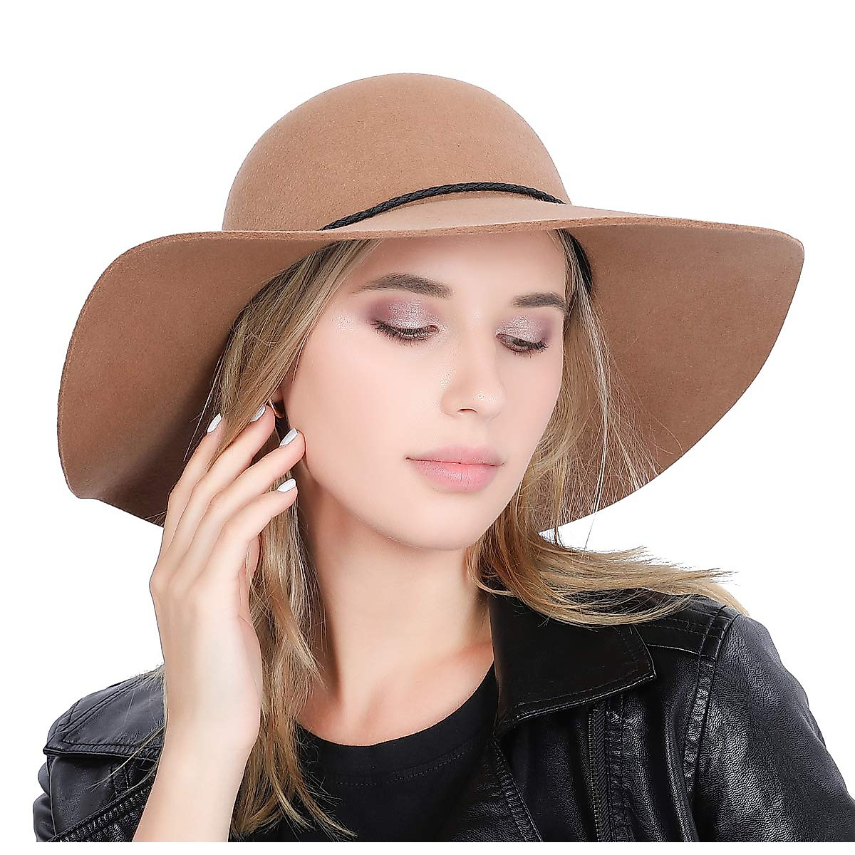 Lanzom Women Lady Retro Wide Brim Large Floppy Panama Hat Belt Wool Fedora Hat (Khaki, One Size)