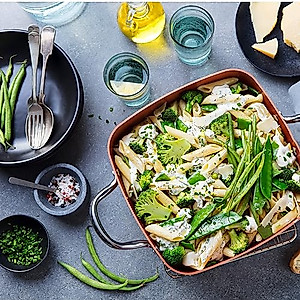 Moss & Stone Copper 6 Piece Set Chef Cookware, Non Stick Pan, Deep Square Pan, Fry Basket, Steamer Tray, Dishwasher & Oven Safe, 5 Quart Copper Pot Set, Copper Induction Cookware Set