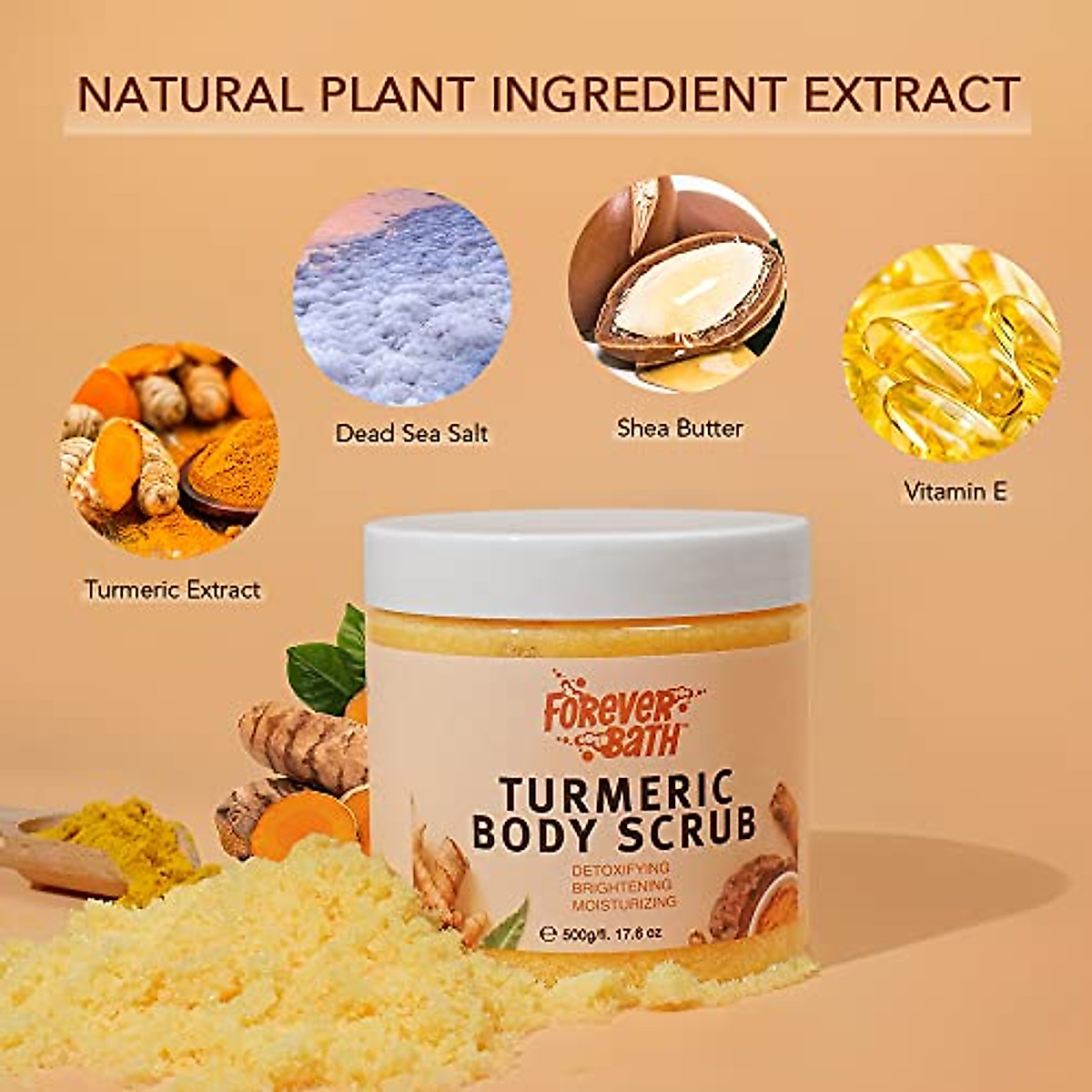 Forever Bath Turmeric Body Scrub W/Dead Sea Salt, Shea Butter, & Vitamin E, 100% Natural Moisturizing & Exfoliating Hand, Face, Foot Scrub for Men & Women - Deep Cleansing, Nourishes Skin, 17.6 Oz