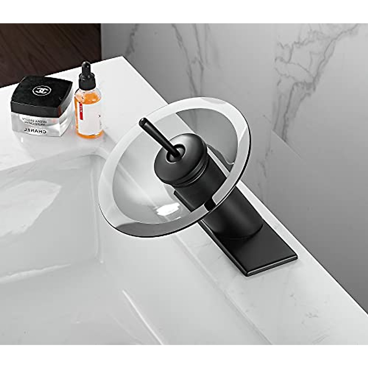 Bathroom Faucet Black Glass Waterfall Spout Single Handle 360° Swivel Solid Brass Bath Basin Lavatory Sink Vanity Faucet One or 3 Hole Commercial with Deck Plate