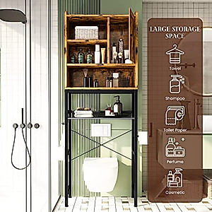 AWQM Over The Toilet Storage Cabinet, Bathroom Cabinet Organizer with Adjustable Shelf, Freestanding Space Saver Toilet Stands with Door, Paper Hook, Multifunctional Bathroom Toilet Rack, Rustic Brown
