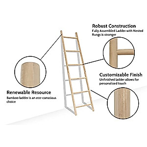 FUIN Fully Assembled 6ft Bamboo Blanket Ladders Wood Decorative Wall Leaning Rustic Farmhouse Bathroom Quilt Towel Display Rack Holder