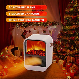 ZJFLNZYC Portable Mini Small Electric Fireplace Heater,Small Room Space Heaters for Indoor Use with 3D Flames,PTC Ceramic Heater, Desk Space Heater for Bedroom,Bathroom and Office Quiet Small(White)