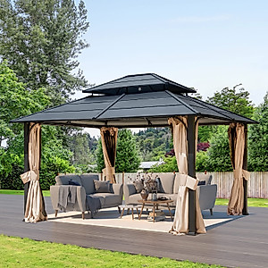EROMMY 12'x14' Metal Steel Gazebo, Outdoor Aluminum Hardtop Canopy with Netting and Shaded Curtains, Double Roof Pergolas, Permanent Metal Pavilion for Patio, Backyard, Deck and Lawns Dark Bronze