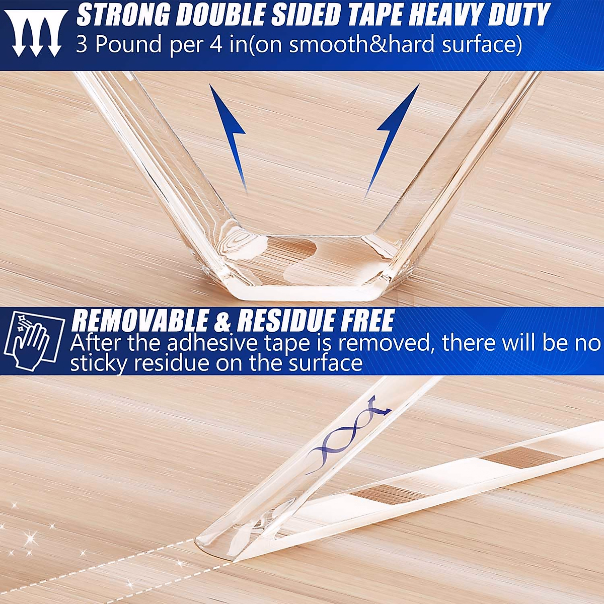 ZMUAXUAN Strong Nano Double Sided Tape Heavy Duty Mounting,Clear Removable Sticky Adhesive Strips No Damage Wall,Waterproof Reusable Thick Gel Grip Washable for Hanging Picture,Poster,Carpet,Photo