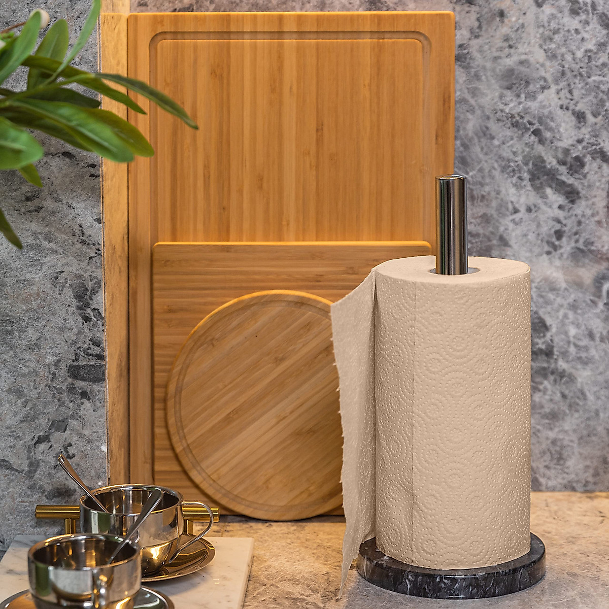 Koja Natural Black Marble and Stainless Steel 12.5” Paper Towel Holder with No-Slip 6” Base. Stylish Modern Design to Enhance Any Kitchen and Impress Your Friends and Guests.