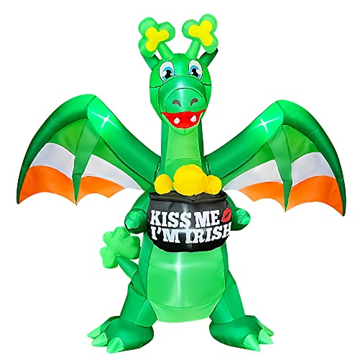 SEASONBLOW 7 Ft Inflatable St. Patrick's Day Dragon Holding a Pot of Gold Decoration with Shamrock Horn Irish Wings LED Blow Up Yard Decor for Lawn Yard Garden Indoor Outdoor Holiday Party