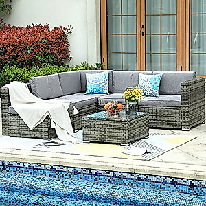 YITAHOME 6 Piece Outdoor Patio Furniture Sets, Garden Conversation Wicker Sofa Set, and Patio Sectional Furniture Sofa Set with Coffee Table and Cushion for Lawn, Backyard, and Poolside, Gray Gradient