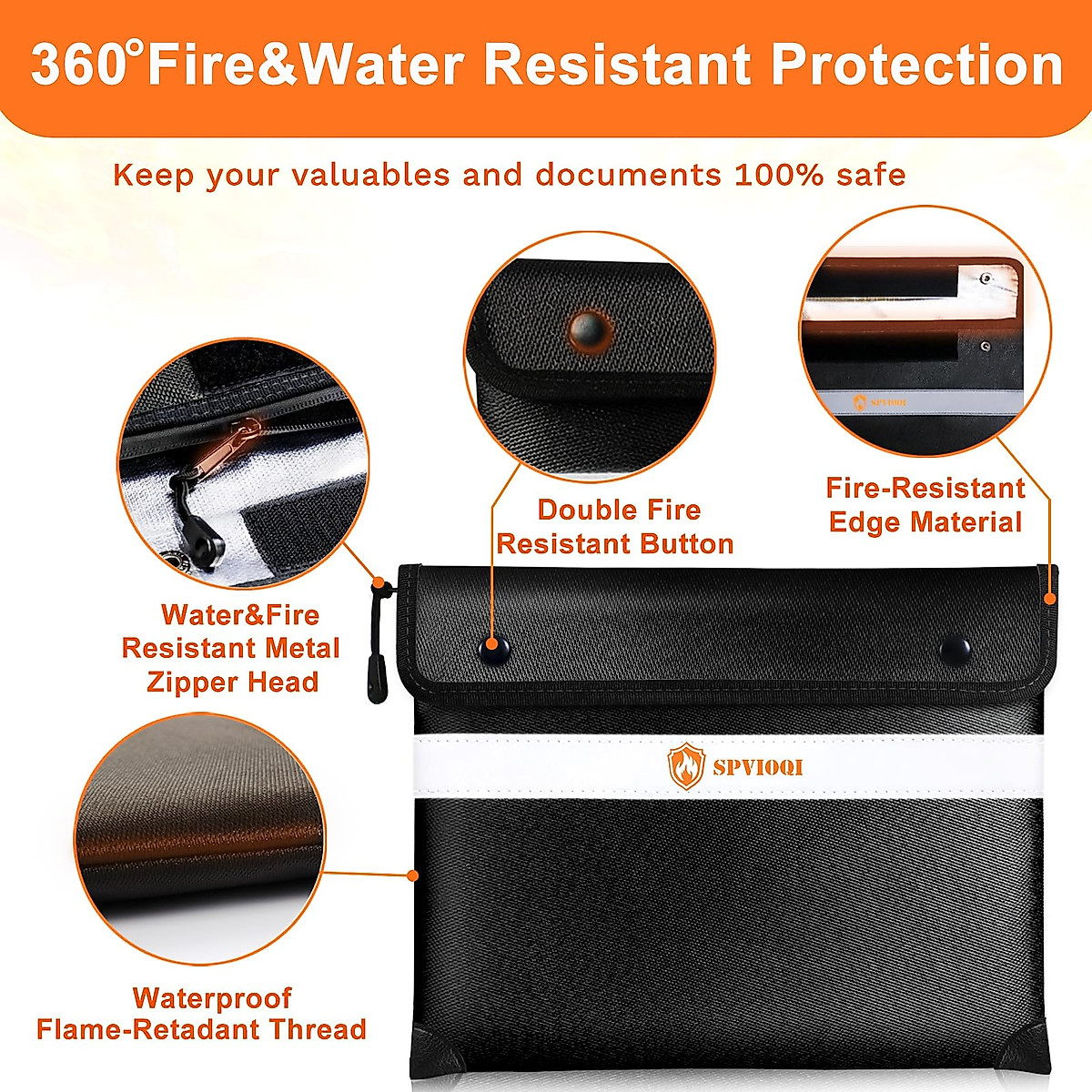 SPVIOQI Fireproof Document Bag 5200°F with Heat Insulated, Fireproof Money Bag for Cash with Zipper and Reflective Strip, 14.2” X 11” Fireproof Safe Storage Pouch for Valuables