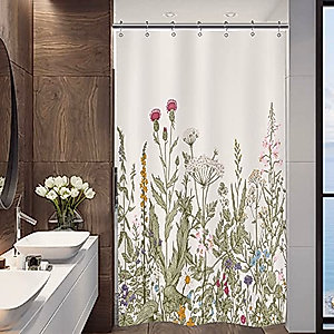 Riyidecor Stall Wildflower Small Half Shower Curtain 36Wx72H Inch Farmhouse Flower Botanical Floral Plant Herbs Vintage Decor Bathroom Windows Fabric Polyester Waterproof 7 Pack Plastic Hooks