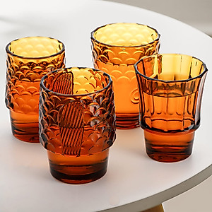 Frcctre Set of 4 Koi Fish Design Drinking Glasses, Stackable Amber Tumbler Glasses Beverage Cups Juice Tumblers Drinking Water Cups Nautical Glassware for Home, Party, Bar