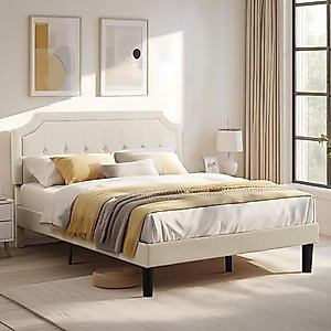 VECELO Queen Upholstered Platform Bed Frame with Adjustable Button Stitched Panel Headboard,Strong Wood Slat Support,Velcro Design,Mattress Foundation/Easy Assembly,Beige