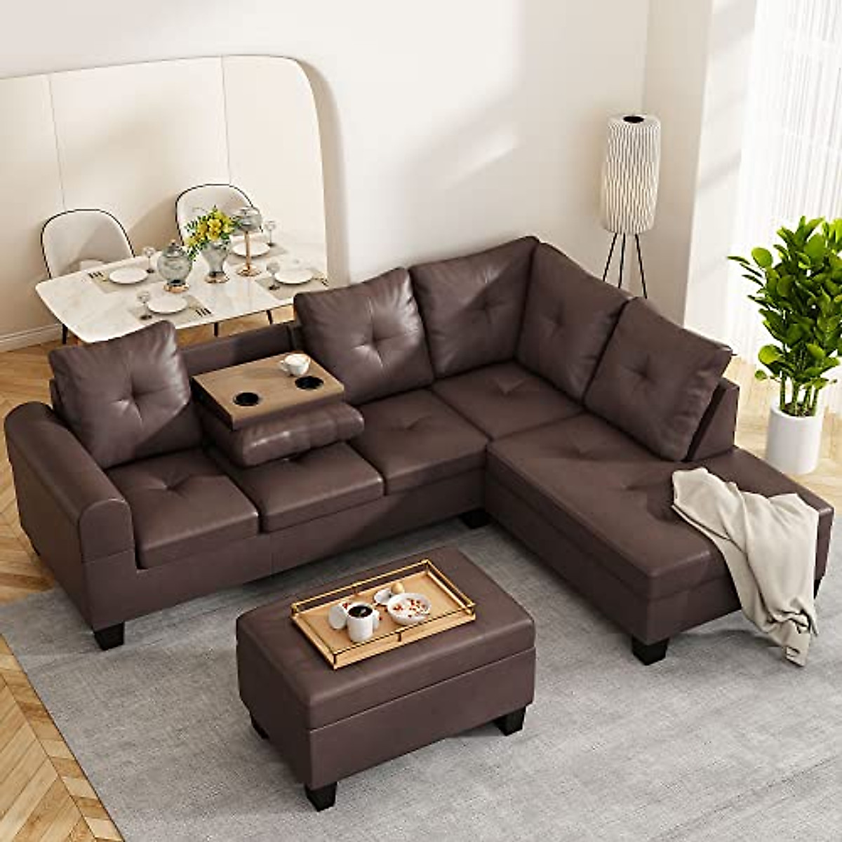 Lamerge Sectional Sofa Couch for Living Room, Modular Sectional Sofa with 6 Seats L Shaped Sofa Set with PU Leather Ottoman, Button Tufted Comfy Living Room Sofa Couch for Small Place