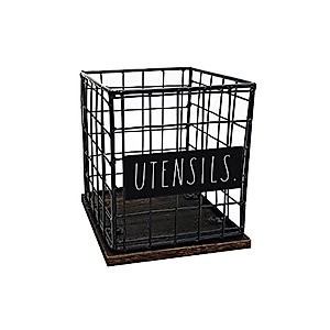 Rae Dunn Utensil Caddy - Silverware Holder, Cutlery Caddy for Fork, Knife and Spoon - Rustic Farmhouse Metal Grid-Iron Frame - Kitchen Organizer and Countertop Space Saver for Flatware