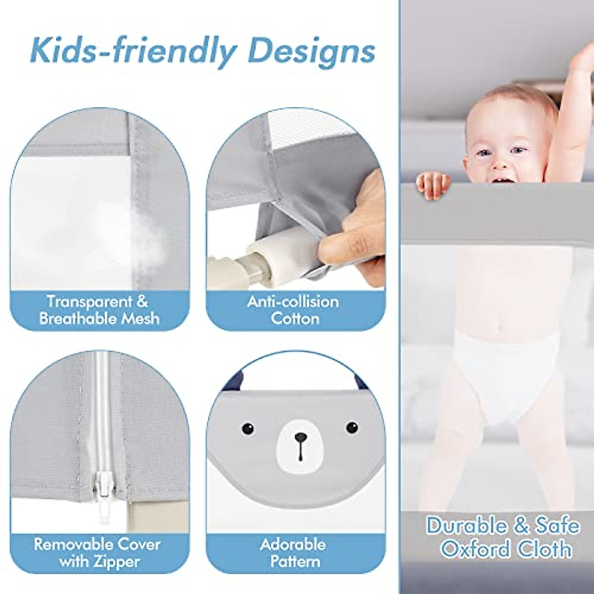 BABY JOY Bed Rail for Toddlers, 77’’ Extra Long, Height Adjustable & Folding Baby Bed Rail Guard w/Breathable Mesh & Double Safety Child Lock for Kids Twin Double Full Size Queen King Mattress (Gray)