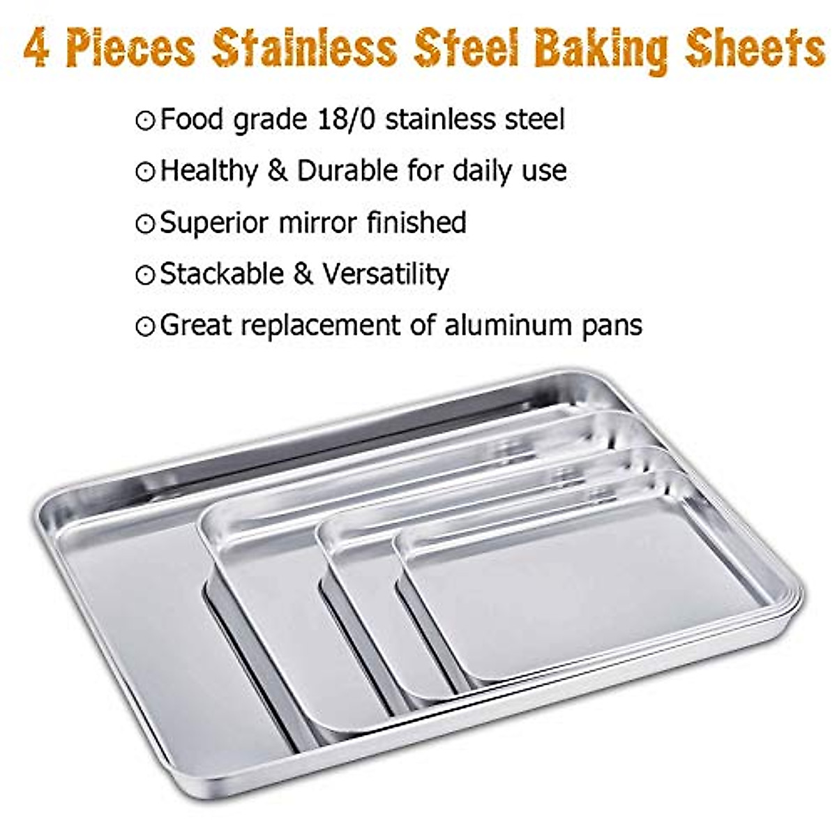 TeamFar Baking Sheet Set of 4, Stainless Steel Baking Pan Tray Cookie Sheet, Non Toxic & Healthy, Rust Free & Easy Clean - Dishwasher Safe
