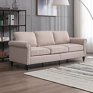 ZAFLY Sofa Couch, Beige 3 Seat Couches for Living Room, Mid Century Modern Couch with Solid Wood Frame and 4 Gourd Shapes Legs for Home/Office/Apartment
