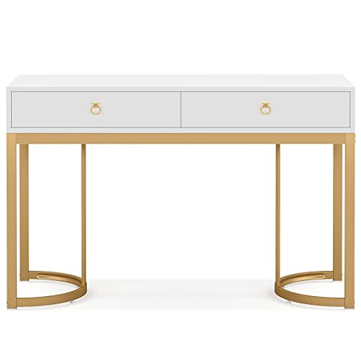 Tribesigns 47 inch White and Gold Computer Desk with 2 Drawers, Modern Simple White Vanity Desks Makeup Table with Heavy Duty Golden Metal Frame Handles for Home Bedroom (Without Mirror)