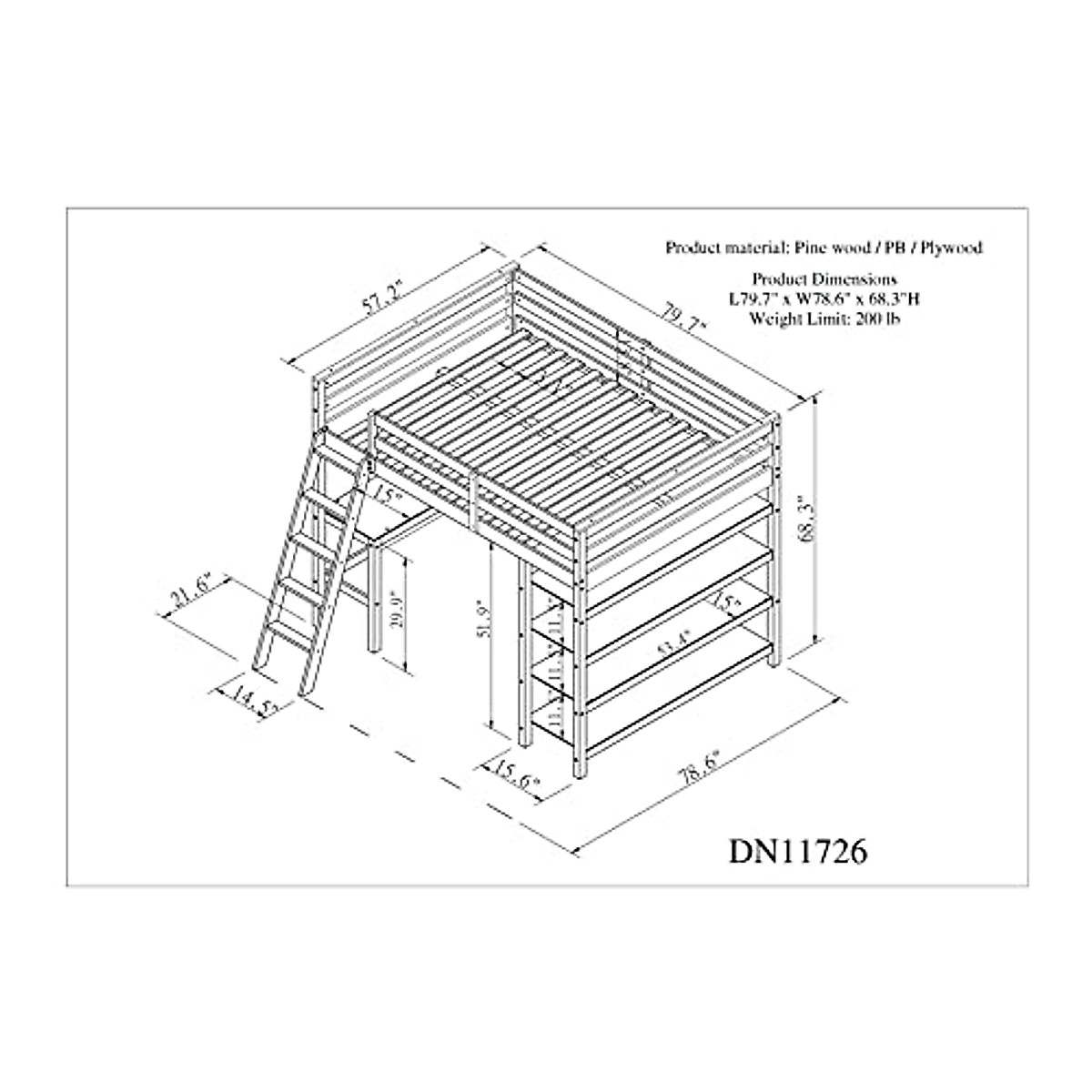 DEYOBED Full Size Wooden Loft Bed Frame with Under-Bed Desk and 4-Tier Storage Shelves - Smart Space-Saving Solution for Teens and Kids' Bedrooms