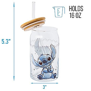 Silver Buffalo Disney Lilo and Stitch Sitting Glass Jar Tumbler with Bamboo Lid and Glass Straw, 16 Ounces