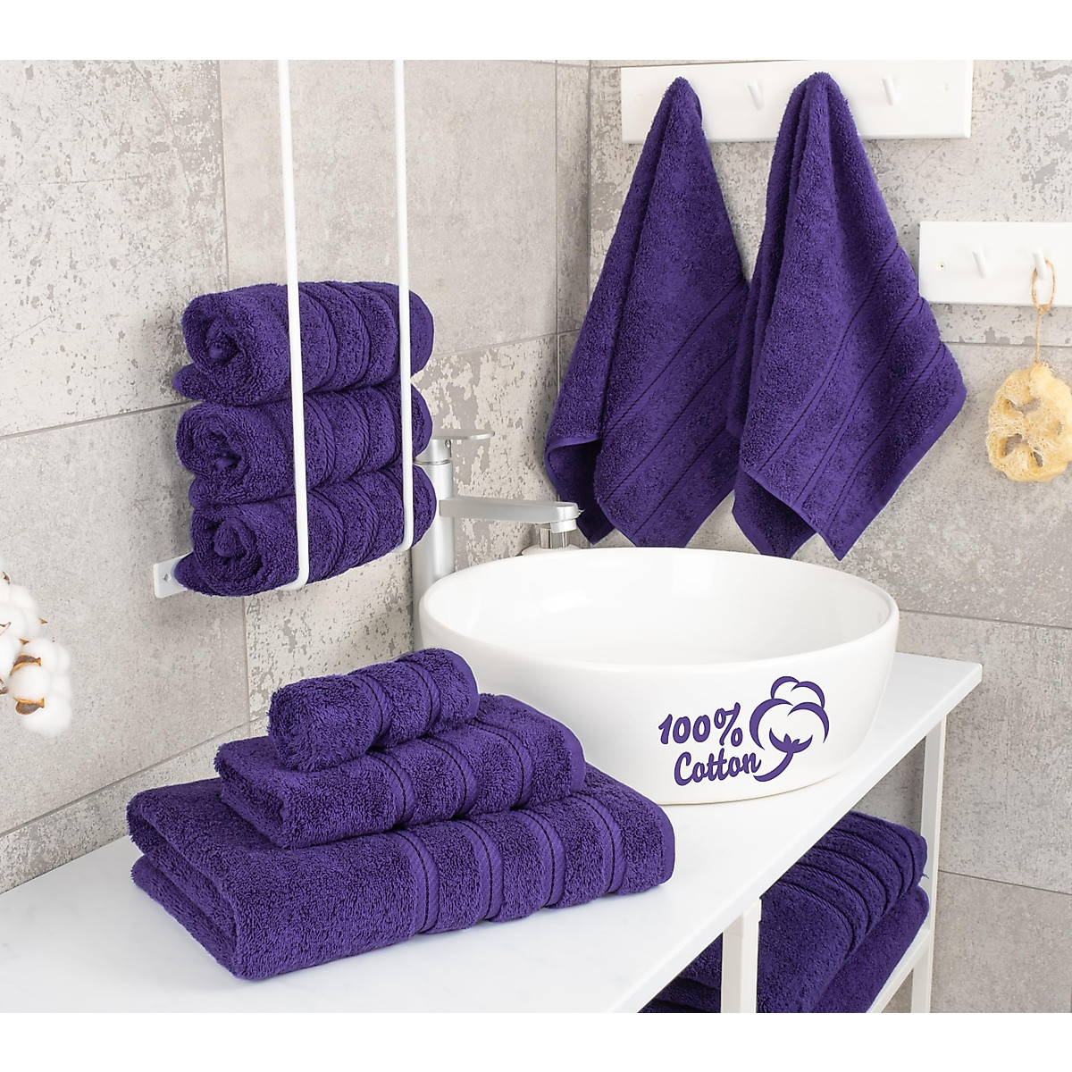 American Soft Linen Luxury 6 Piece Towel Set, 2 Bath Towels 2 Hand Towels 2 Washcloths, 100% Cotton Turkish Towels for Bathroom, Purple Towel Sets