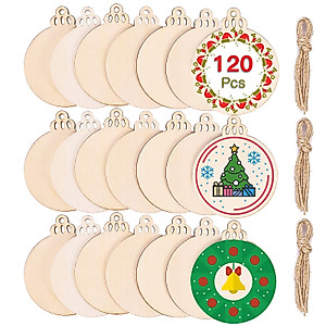 Max Fun 120Pcs Wood Slices 3.5" Wooden DIY Christmas Ornaments Unfinished Predrilled Wood Circles for Crafts Centerpieces Round Wooden Discs Hanging Decorations