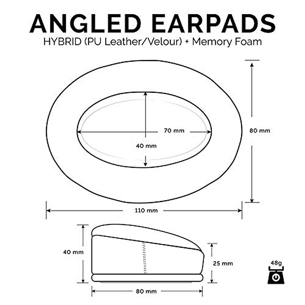 BRAINWAVZ Angled Memory Foam Earpad - Suitable for Large Over The Ear Headphones - AKG, HifiMan, ATH, Philips, Fostex (Hybrid)
