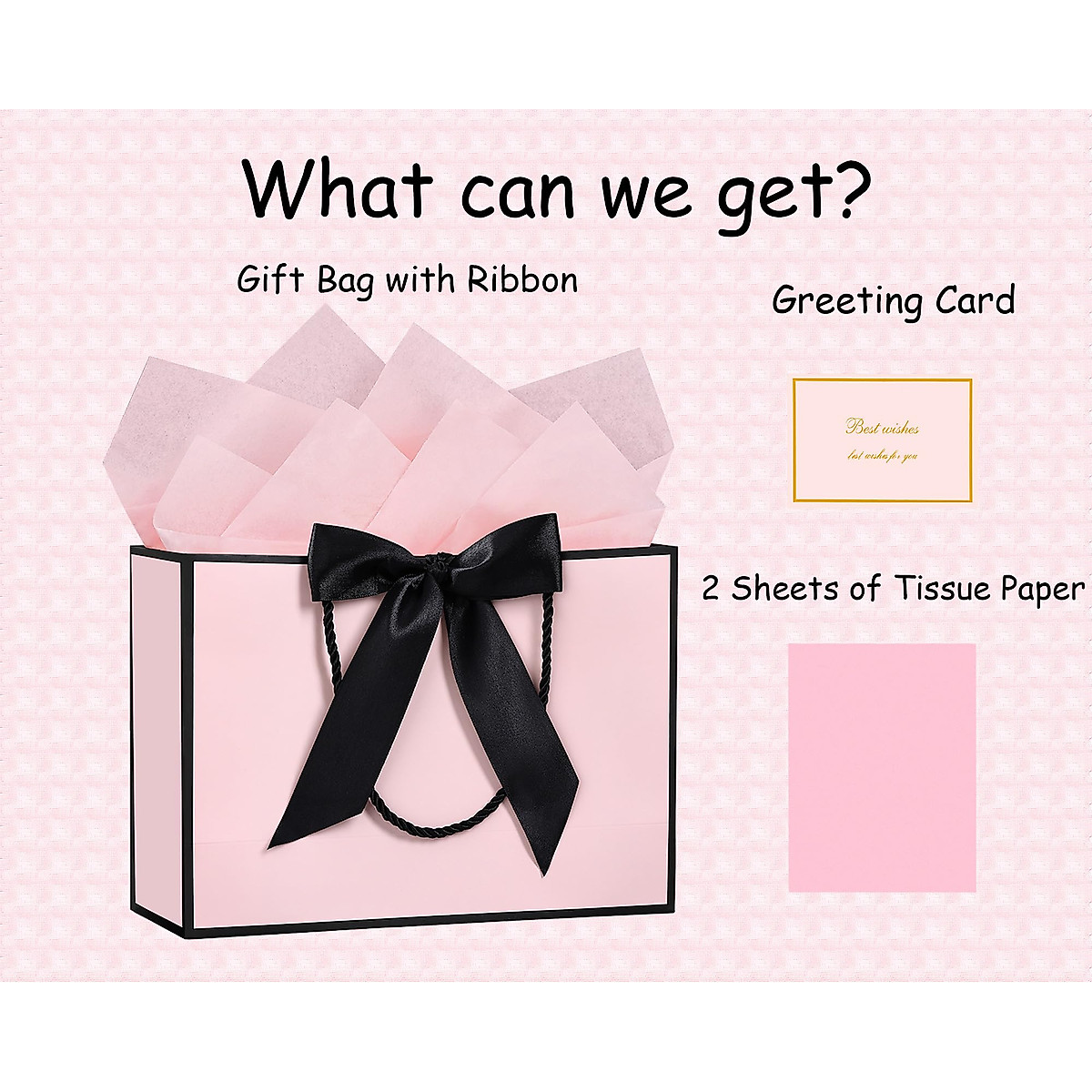 JMANNI Gift Bags, Large Gift Bags, 1Pcs Paper Gift Bag with 2 Tissue Paper and 1 Greeting Cards, Present Bags with Handles for Women Girls Bridesmaid Birthday Valentines Wedding Party (Black-Pink)