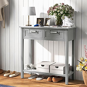 Giantex Console Table with Drawers, Entry Table, Narrow Sofa Table with Open Storage Shelf, Wood Legs, Foyer Table, Entryway Table for Office, Living Room, Hallway, Couch Table(Gray)