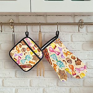 Sweet Gingerbread Chocolate Candies Oven Mitts and Pot Holders Sets of 2, Heat Resistant Non-Slip Oven Gloves Hot Pads for Microwave Cooking Baking Grilling BBQ Holiday Kitchen Decor