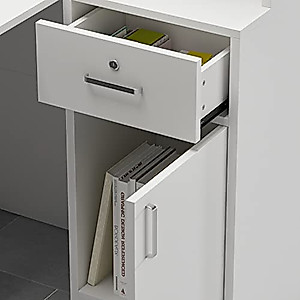 AIEGLE Reception Desk with Counter Drawers & Storage Shelves, L-Shaped Reception Counter Table for Salon Reception Room Checkout Office, White (55.9" L x 32.3" W x 48.4" H)