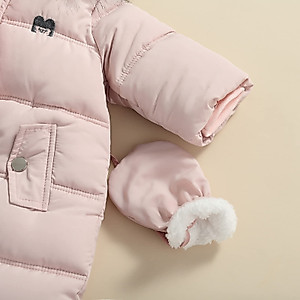 WALLARENEAR Infant Baby Boys Girls Winter Snowsuit Romper Hoodied Footie Outwear Toddler Jumpsuit Down Coat Jacket with Gloves (Pink, 12-18 Months)