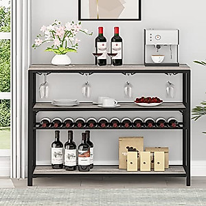 LVB Rustic Wine Rack Table, Metal and Wood Wine Cabinet Coffee Bar Cabinet, Freestanding Floor Liquor Bar Table with Glass Holder and Wine Storage, Light Grey Oak