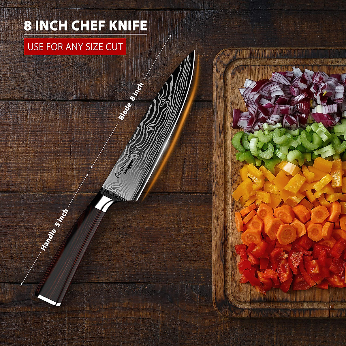 Chef Knife 8 Inch Etched Pattern - Ultra Sharp German High Carbon Stainless Steel Kitchen Knifes - 8” Chefs Cooking Knife for Sushi Chopping Vegetable Slicing Tomatoes and Meat Cutting Knives